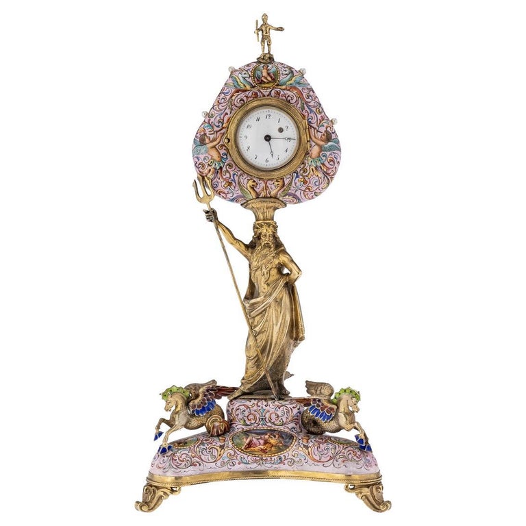 19th Century Austrian Silver-Gilt and Painted Enamel Clock, Karl Bender ...