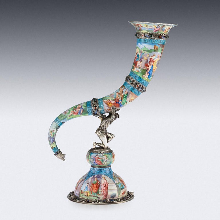 19th Century Austrian Solid Silver, Gem Set and Enamel Horn, Vienna ...