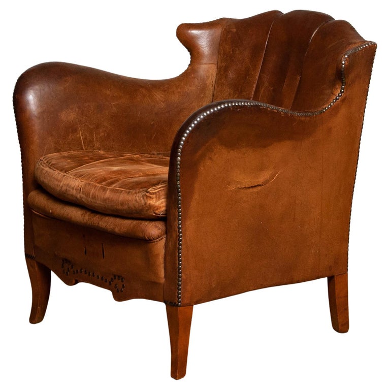 19th Century Swedish Tan / Brown Nailed Leather Wing Back Club / Cigar ...