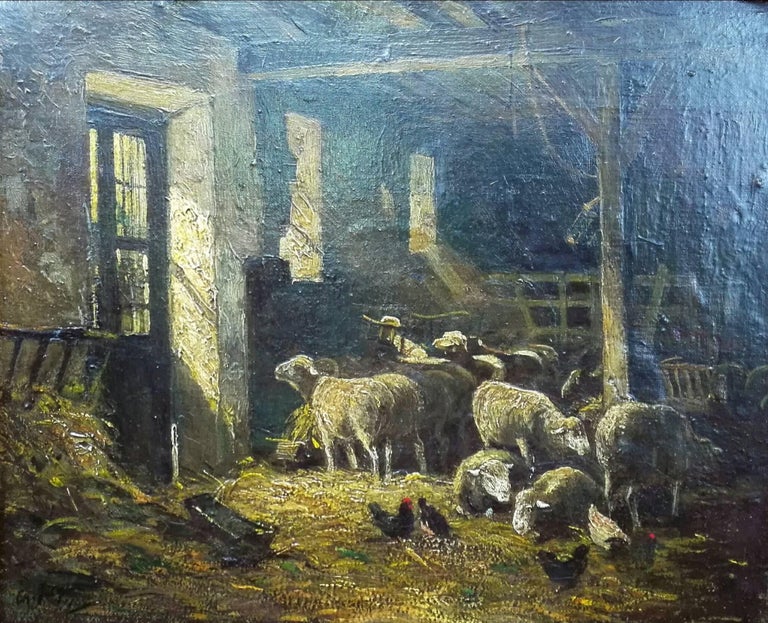 19th Century Barbizon Painting Oil on Canvas by Charles Emile Jacque ...