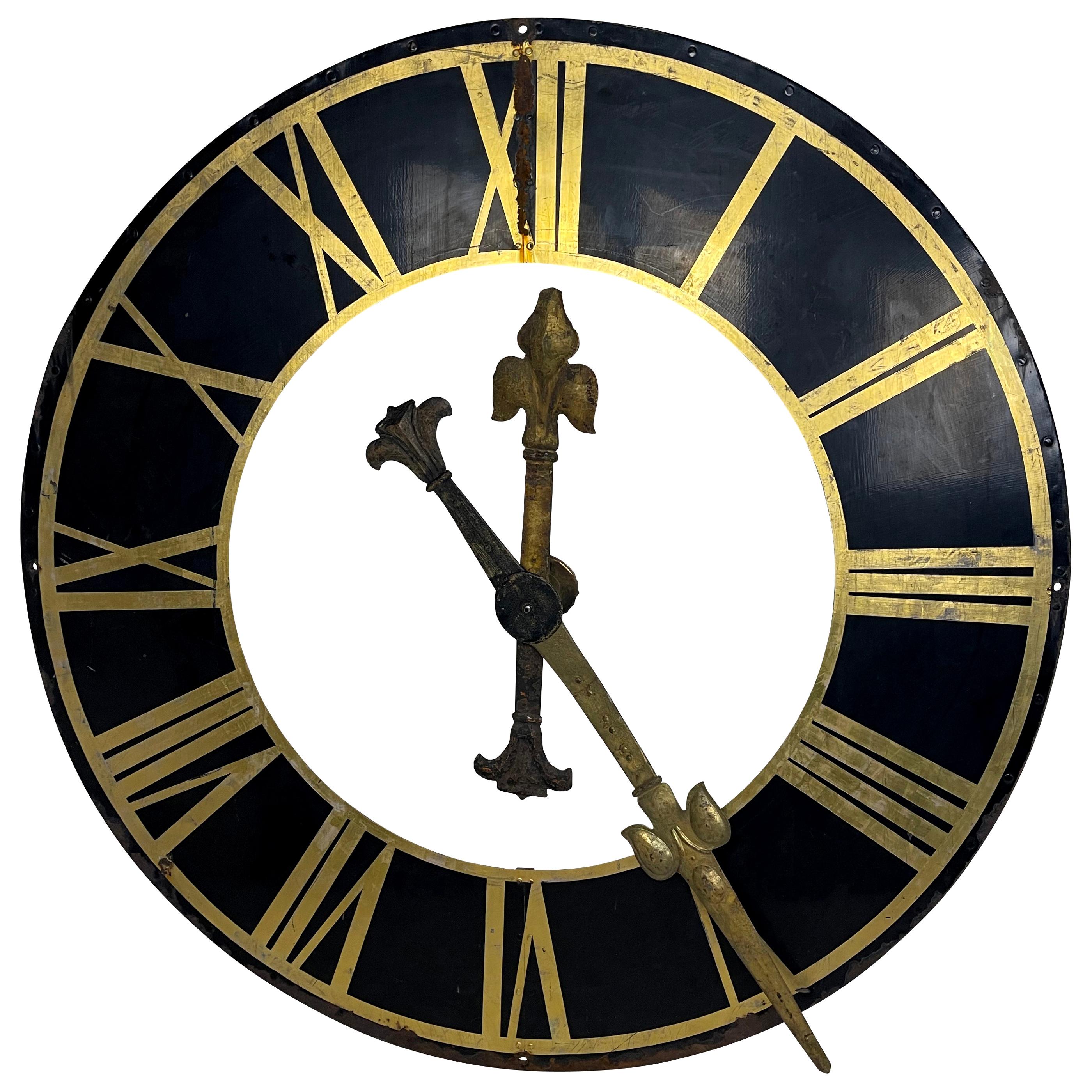 1910s Large White Enamel Steel Clock Face With Wooden Hands And Roman