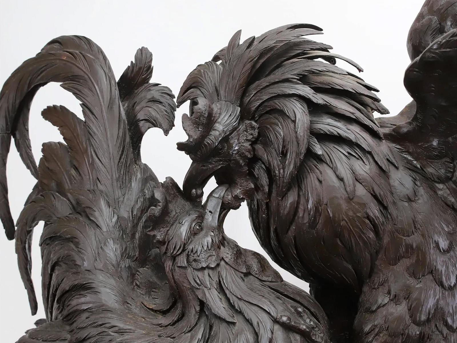 19th Century Black Forest Carved Roosters and Rabbits Mantel Clock For ...