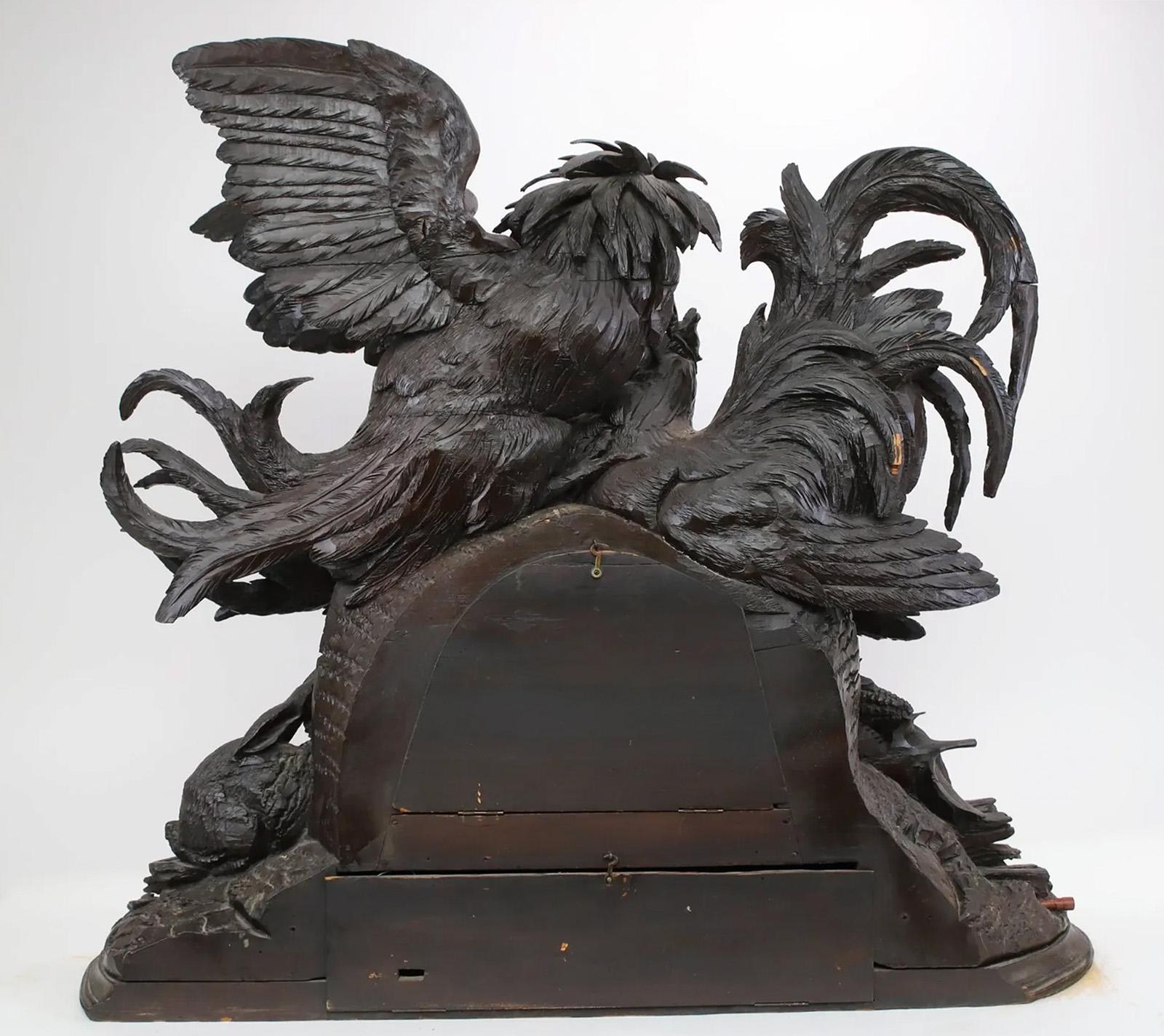 19th Century Black Forest Carved Roosters and Rabbits Mantel Clock For ...