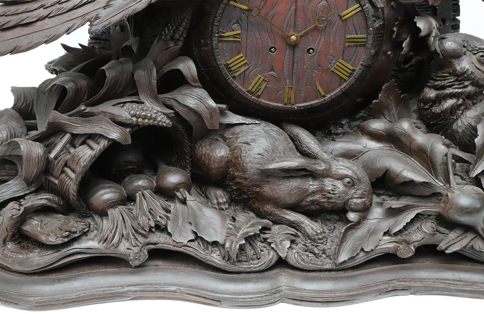19th Century Black Forest Carved Roosters and Rabbits Mantel Clock For ...
