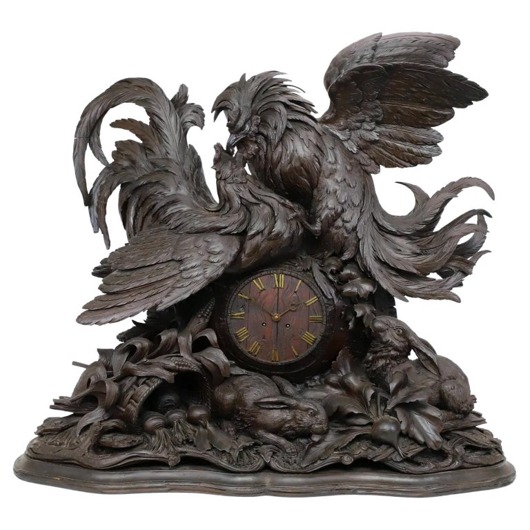 19th Century Black Forest Carved Roosters and Rabbits Mantel Clock For ...