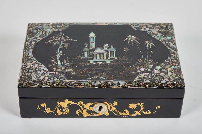 19th Century Black Lacquer Sewing Box with Mother of Pearl Inlay and ...