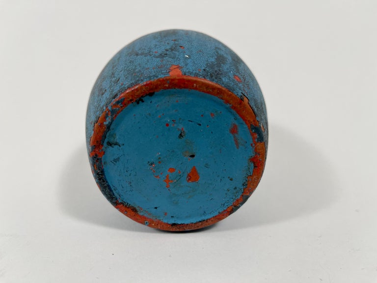 19th Century Blue Painted Redware Pottery Barrel Form Bank at 1stDibs