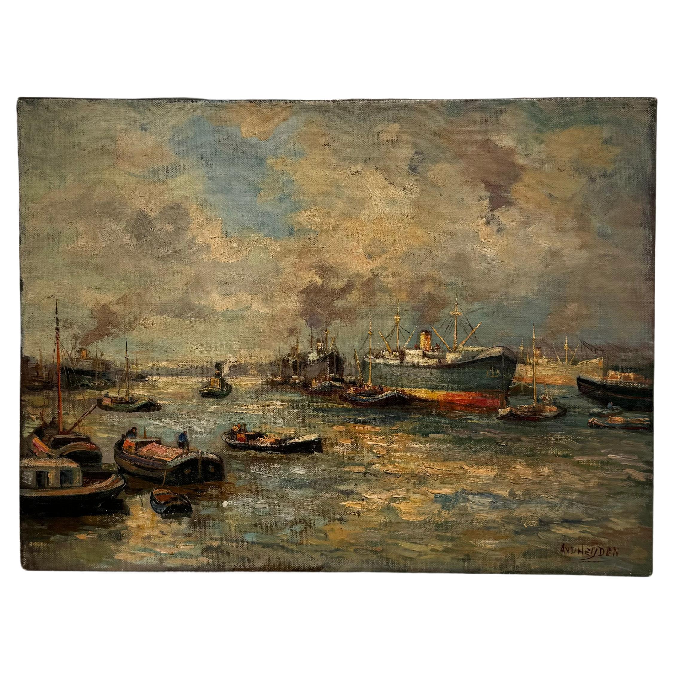 19th Century Boat Scene Painting - Antwerp Belgium at 1stDibs