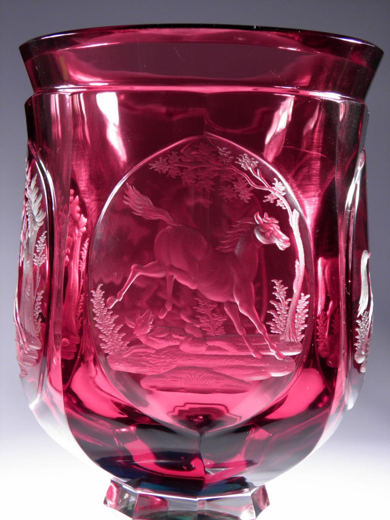 Bohemian Ruby Goblet Engraved Medallion Horse Motive at 1stDibs