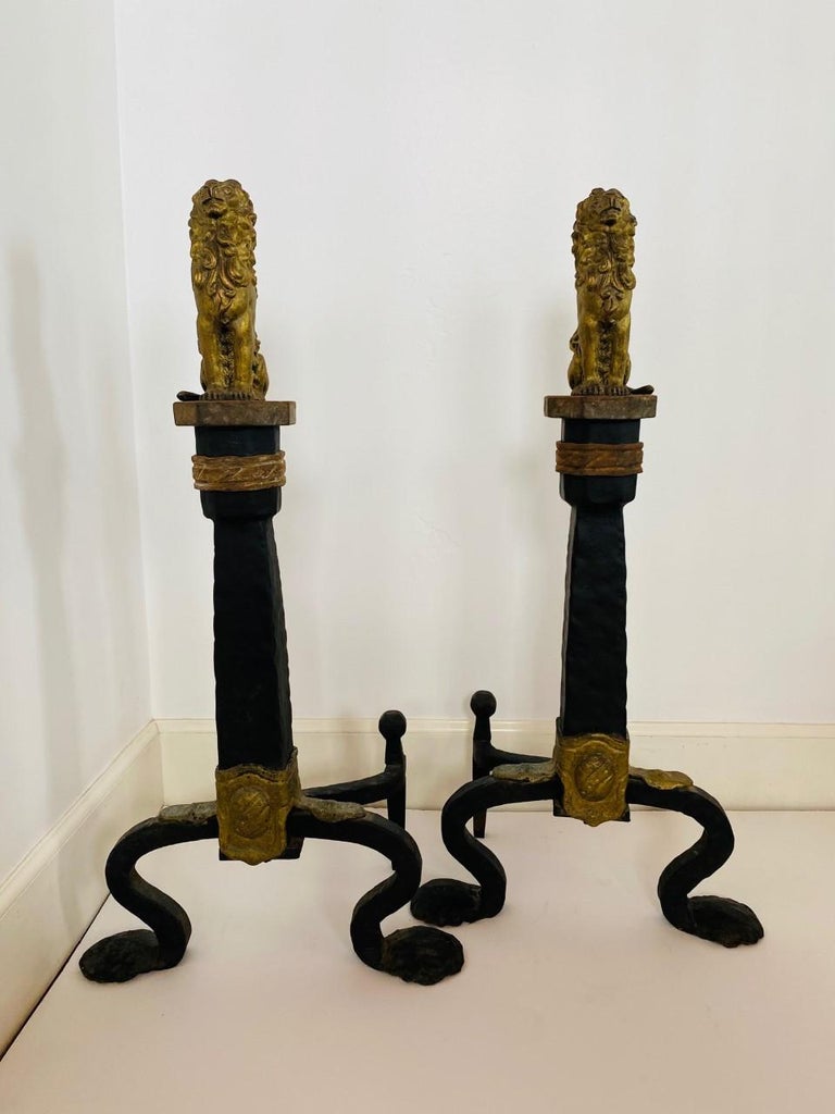19th Century Brass and Iron Lion Andirons For Sale at 1stDibs