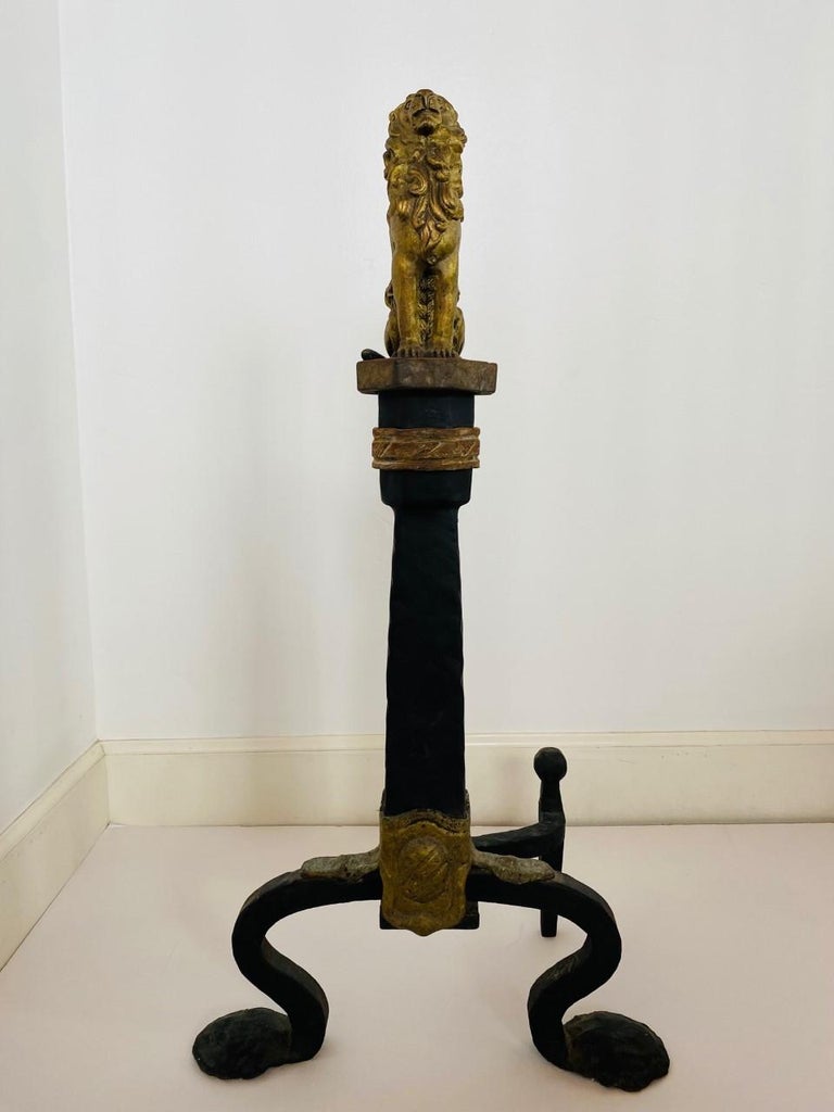 19th Century Brass and Iron Lion Andirons For Sale at 1stDibs