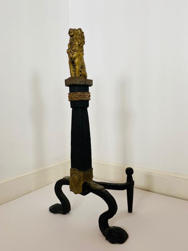 19th Century Brass and Iron Lion Andirons For Sale at 1stDibs