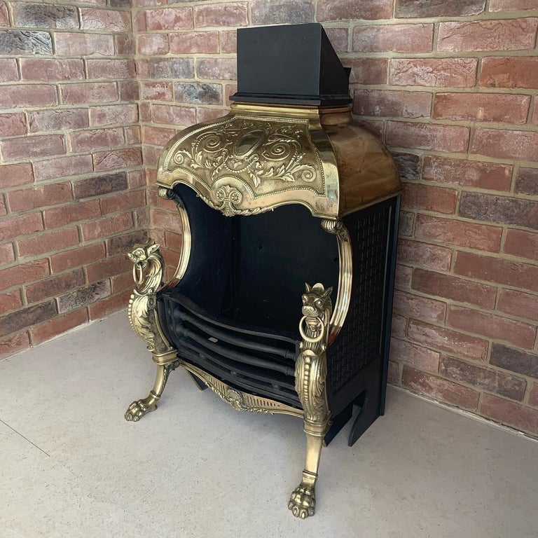 19th Century Brass and Steel Hooded Antique Fireplace Grate ...