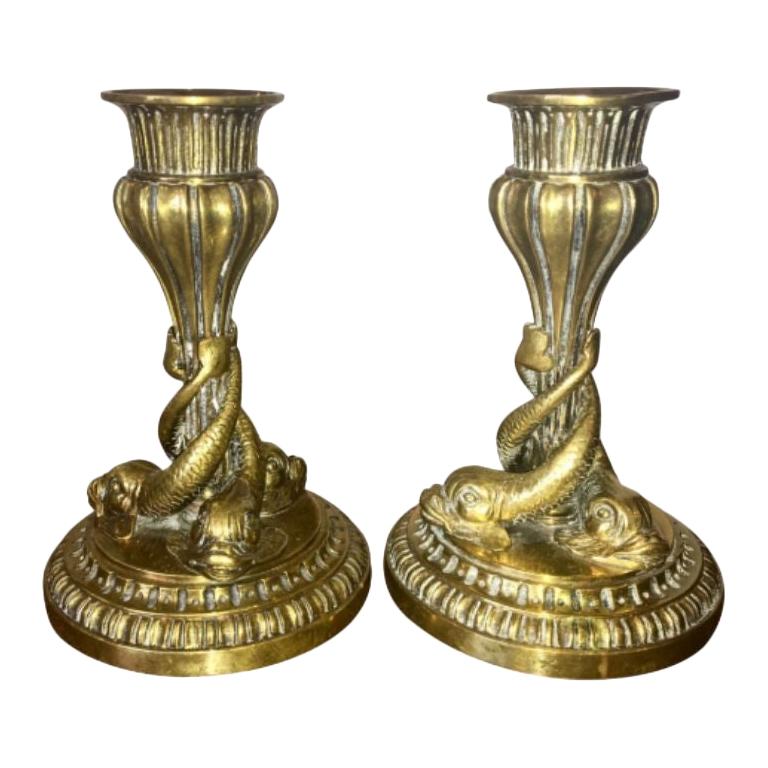 19th Century Brass Dolphin Candlesticks at 1stDibs