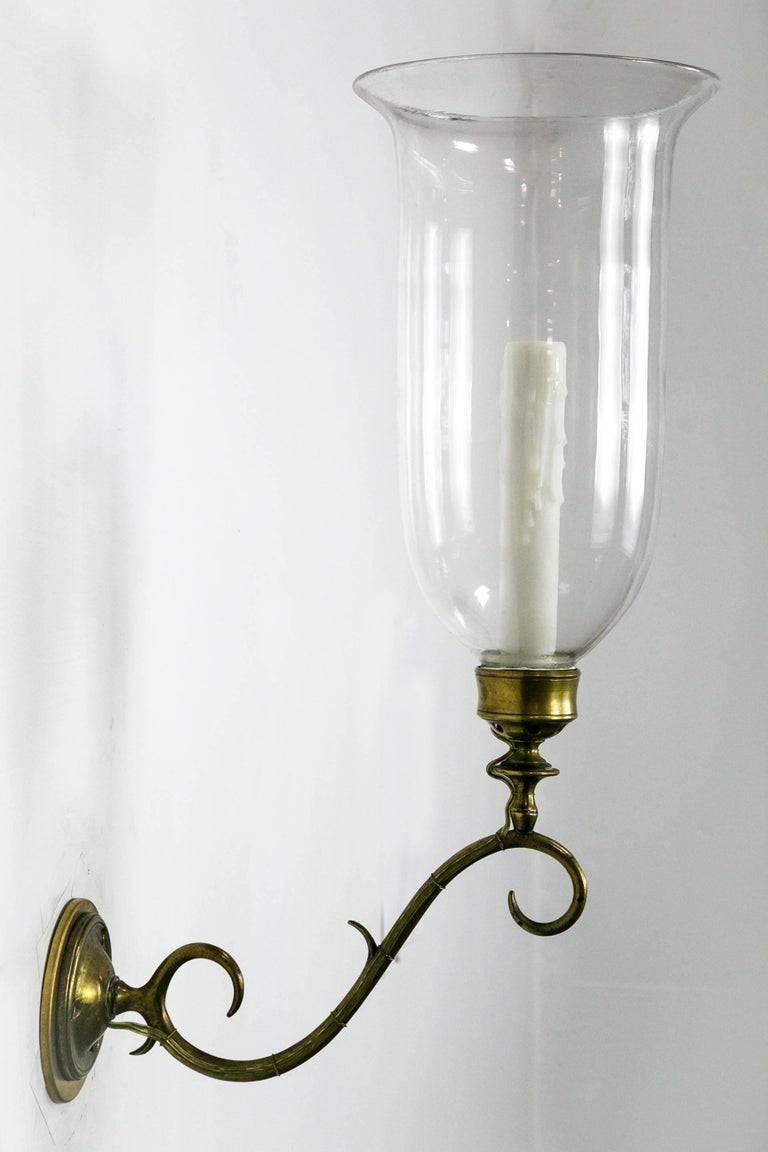 19th Century Brass Scroll Hand Blown Glass Hurricane Sconces, Pair at ...