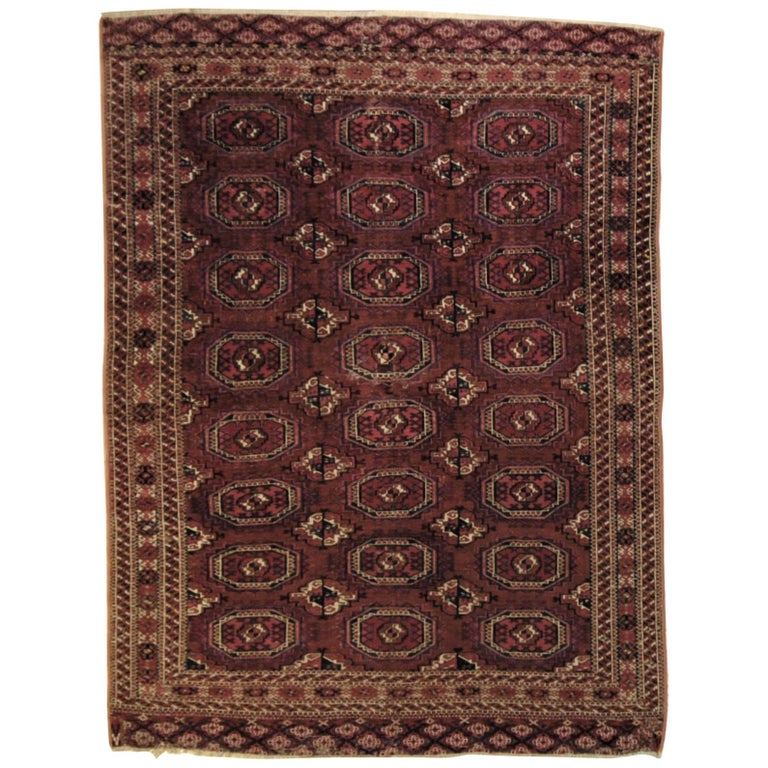 19th Century Brilliant Red Symmetrical Gul Turkmenistan Antique Rug, ca ...