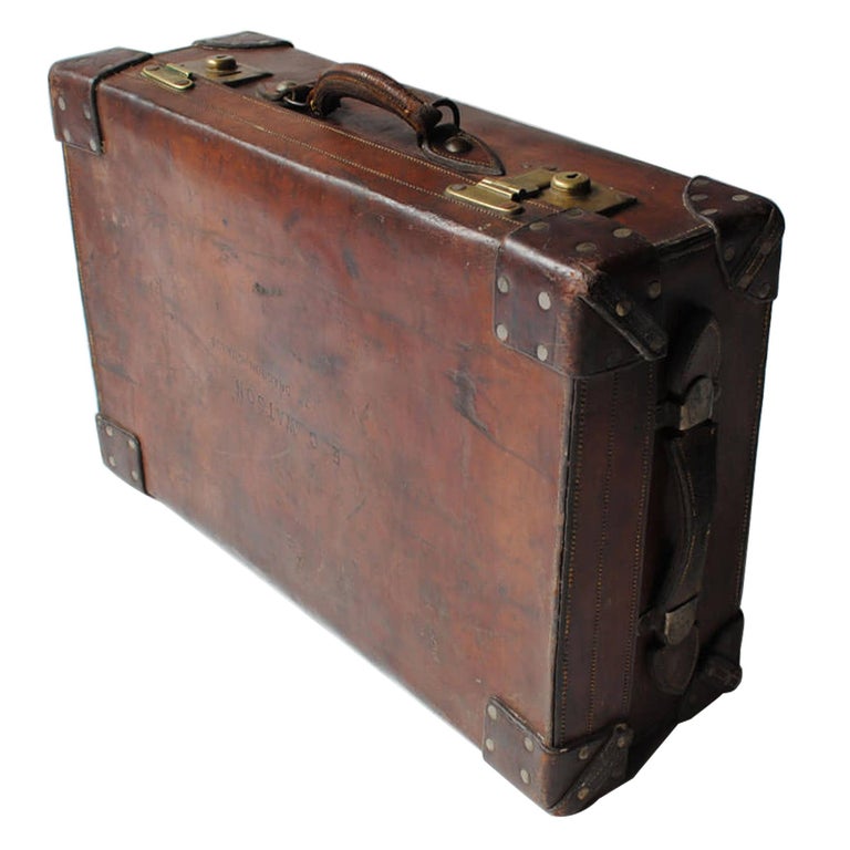 19th Century British Royal Guard Leather Bronze English Suitcase at 1stDibs