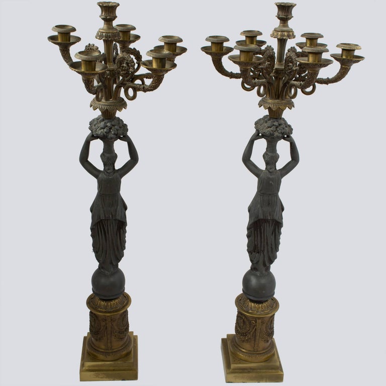 19th Century Bronze Grecian Goddess Six-Arm Candelabra, Pair at 1stDibs