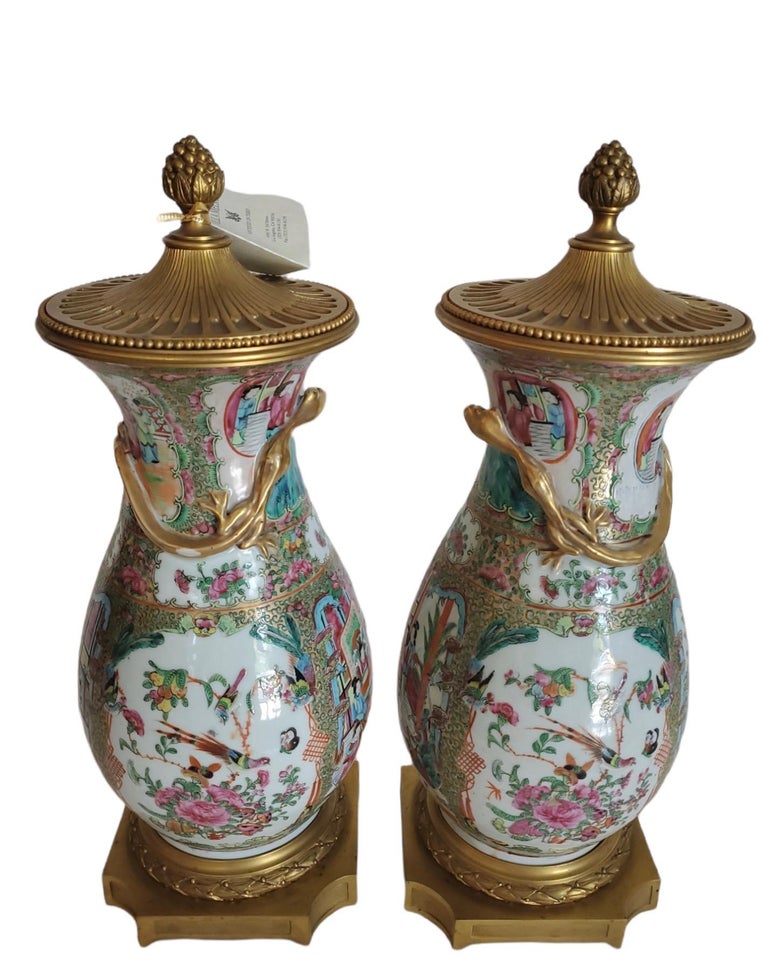 19th Century Bronze Mounted Rose Medallion Lidded Urns For Sale at 1stDibs
