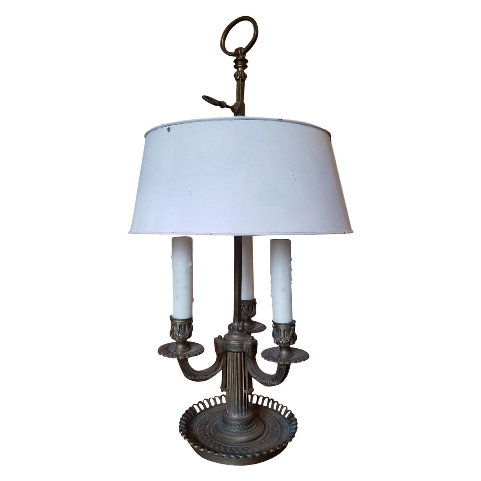 An Elegant French Three-Arm Gilt-Bronze Bouilotte Lamp with Tole Shade ...