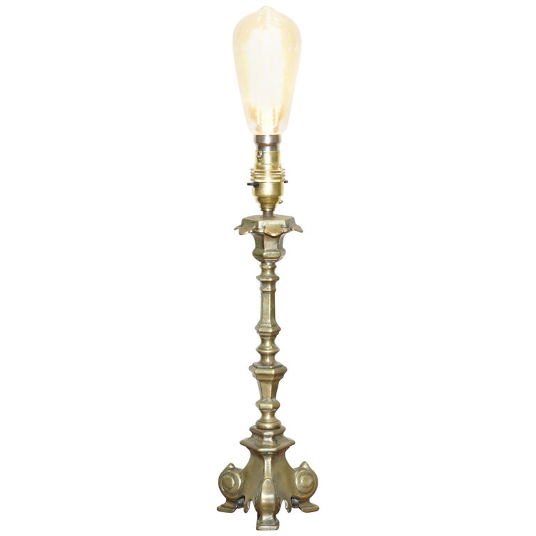 19th Century Bronzed Italian Candle Table Lamp Conversion with Ornate ...