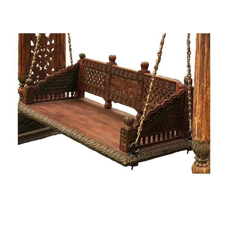 19th Century, Carved and Colored Teak Wood, Indian Swing at 1stDibs