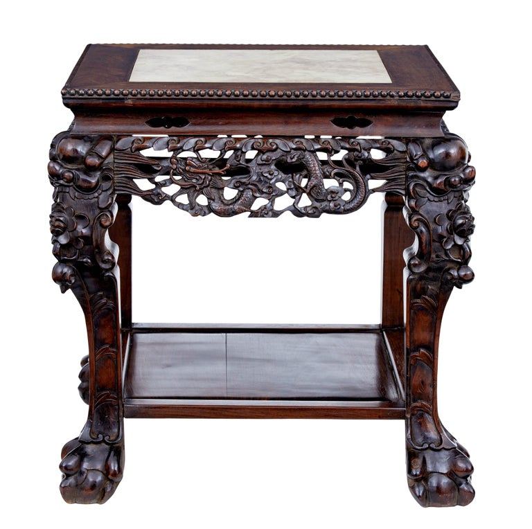 19th Century Carved Chinese Hardwood and Marble-Top Table at 1stDibs