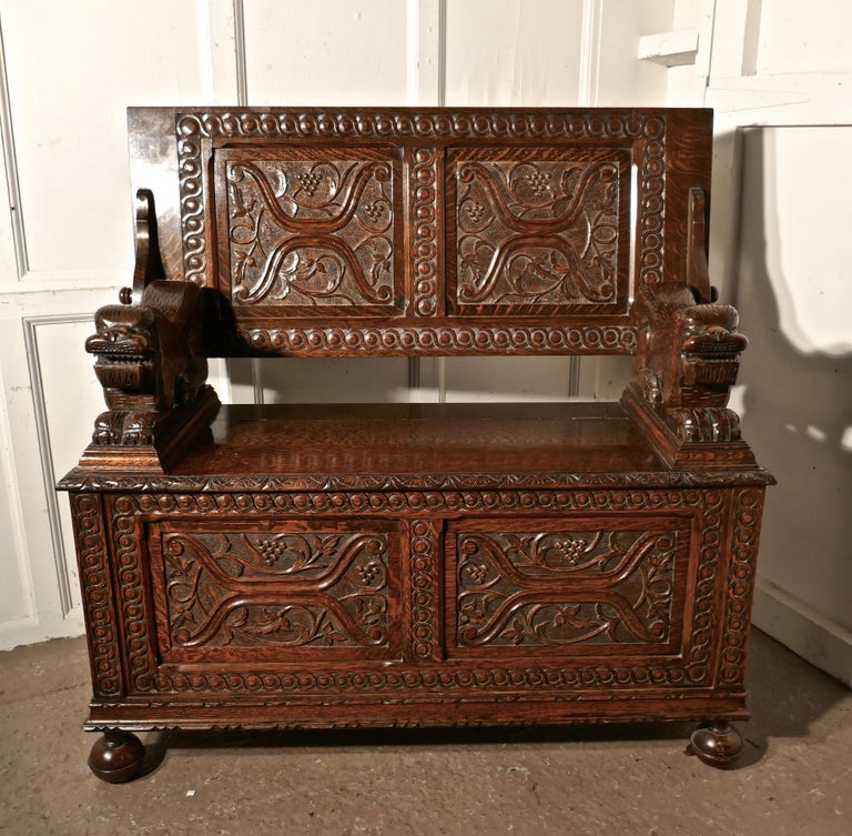 19th Century Carved Oak Monks Bench Settle, Hall Table at 1stDibs
