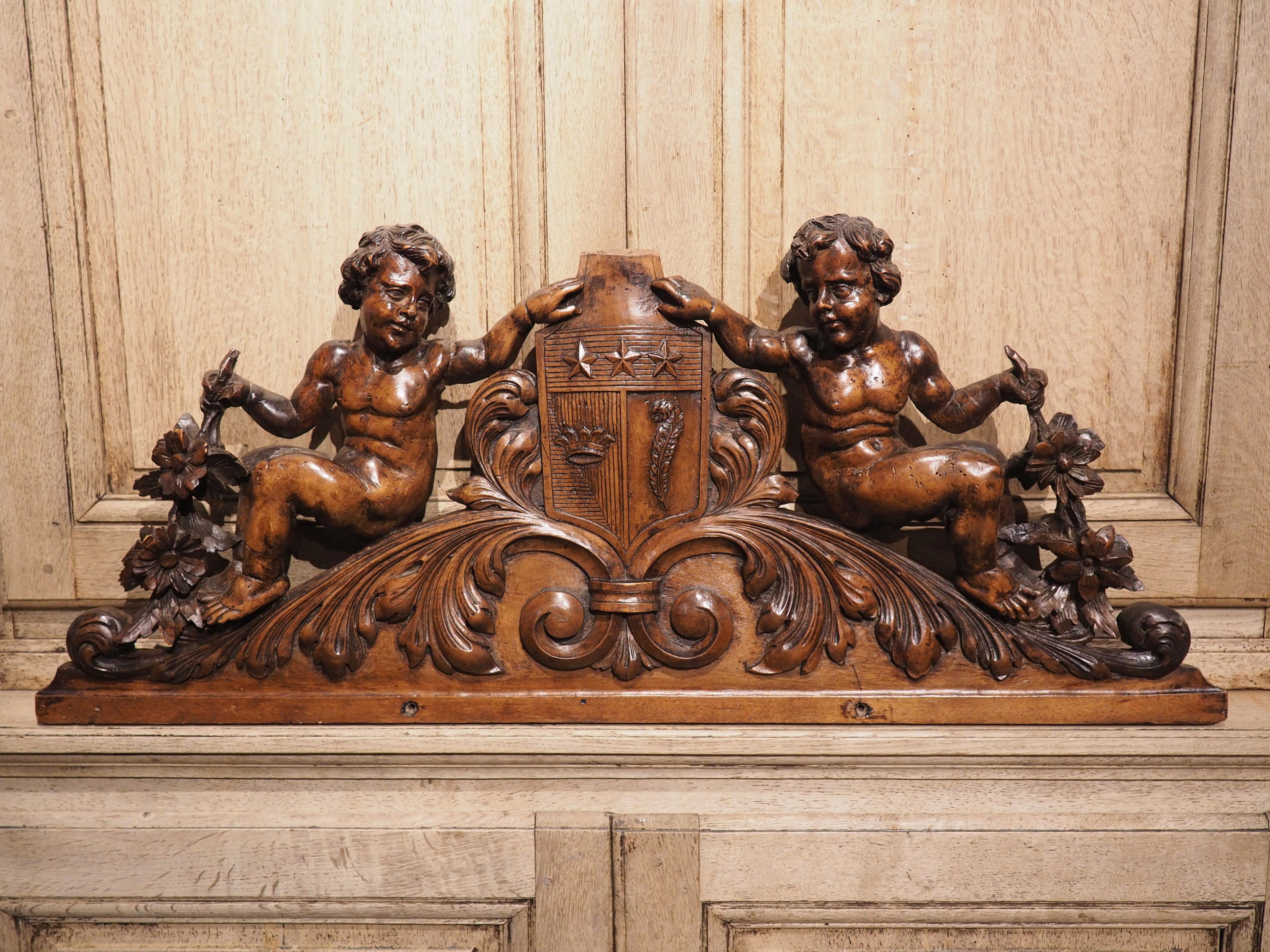 19th Century Carved Walnut Crown Piece or Crest with Coat of Arms and ...