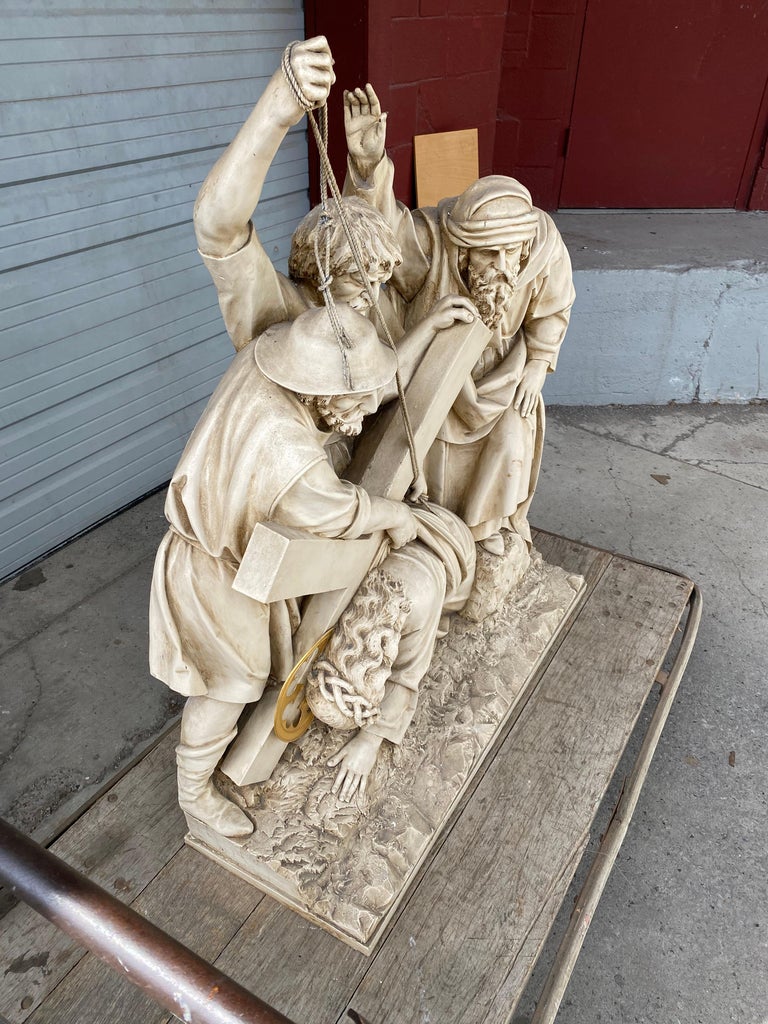 19th Century Carved Wood 3rd Station of the Cross, 'Jesus Falls ...