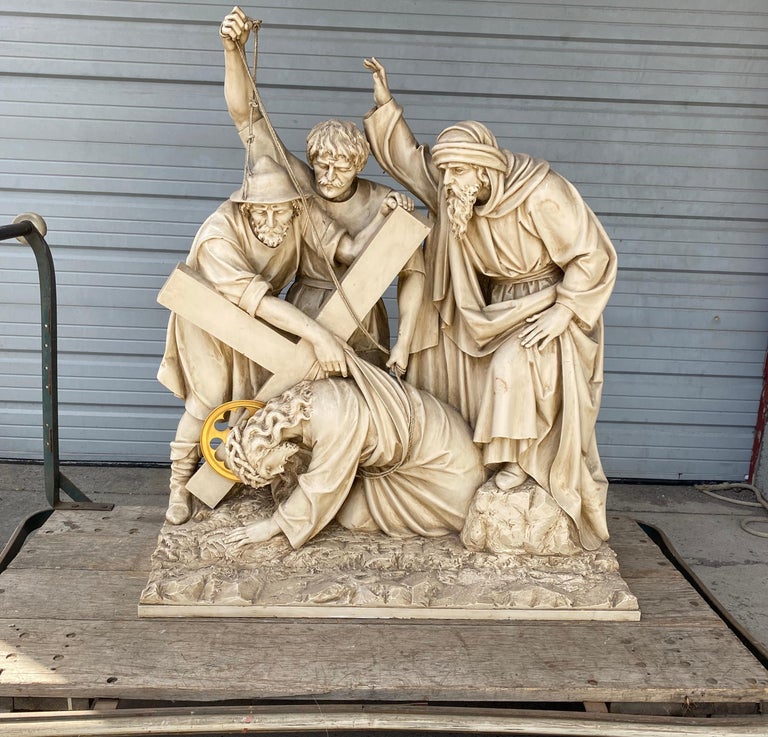 19th Century Carved Wood 3rd Station of the Cross, 'Jesus Falls ...