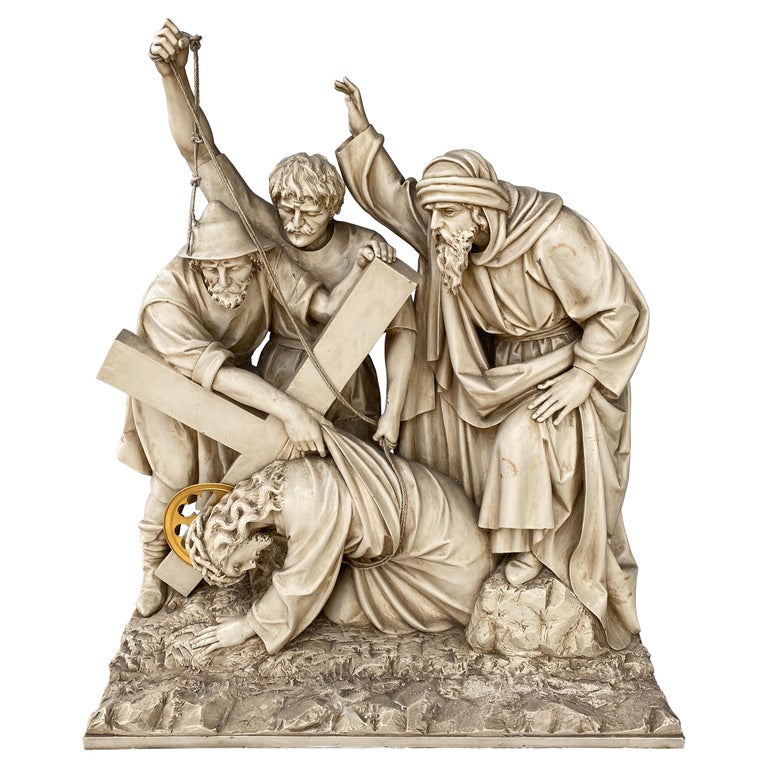 19th Century Carved Wood 3rd Station of the Cross, 'Jesus Falls ...