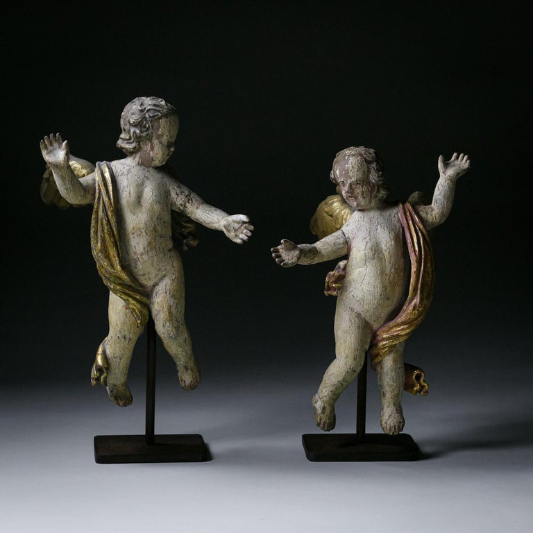 19th Century Carved Wood and Polychromed Angels For Sale at 1stDibs