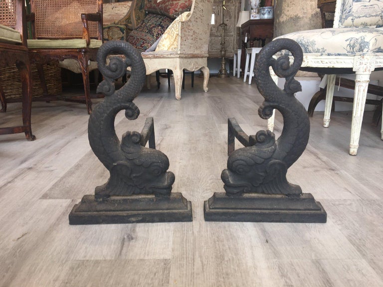 19th Century Cast Iron Dolphin Andirons at 1stDibs
