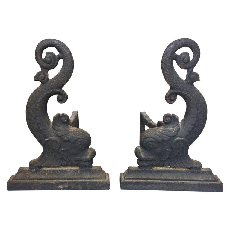 19th Century Cast Iron Dolphin Andirons at 1stDibs