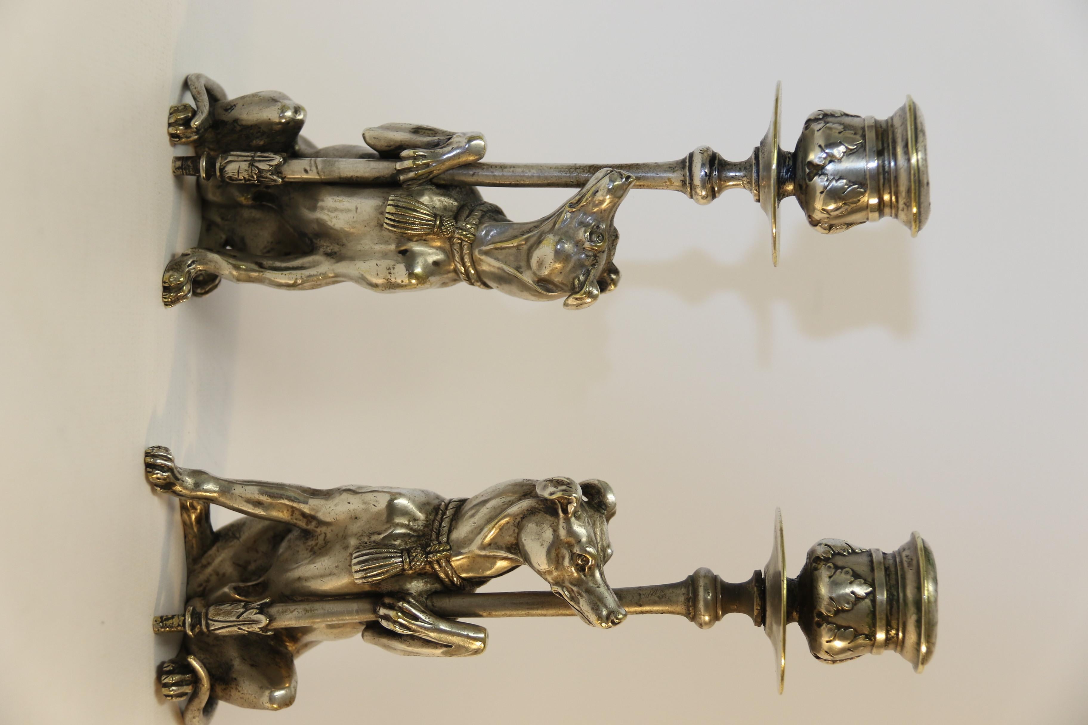 19th Century Cast Silvered Bronze Pair of English Seated Greyhound ...