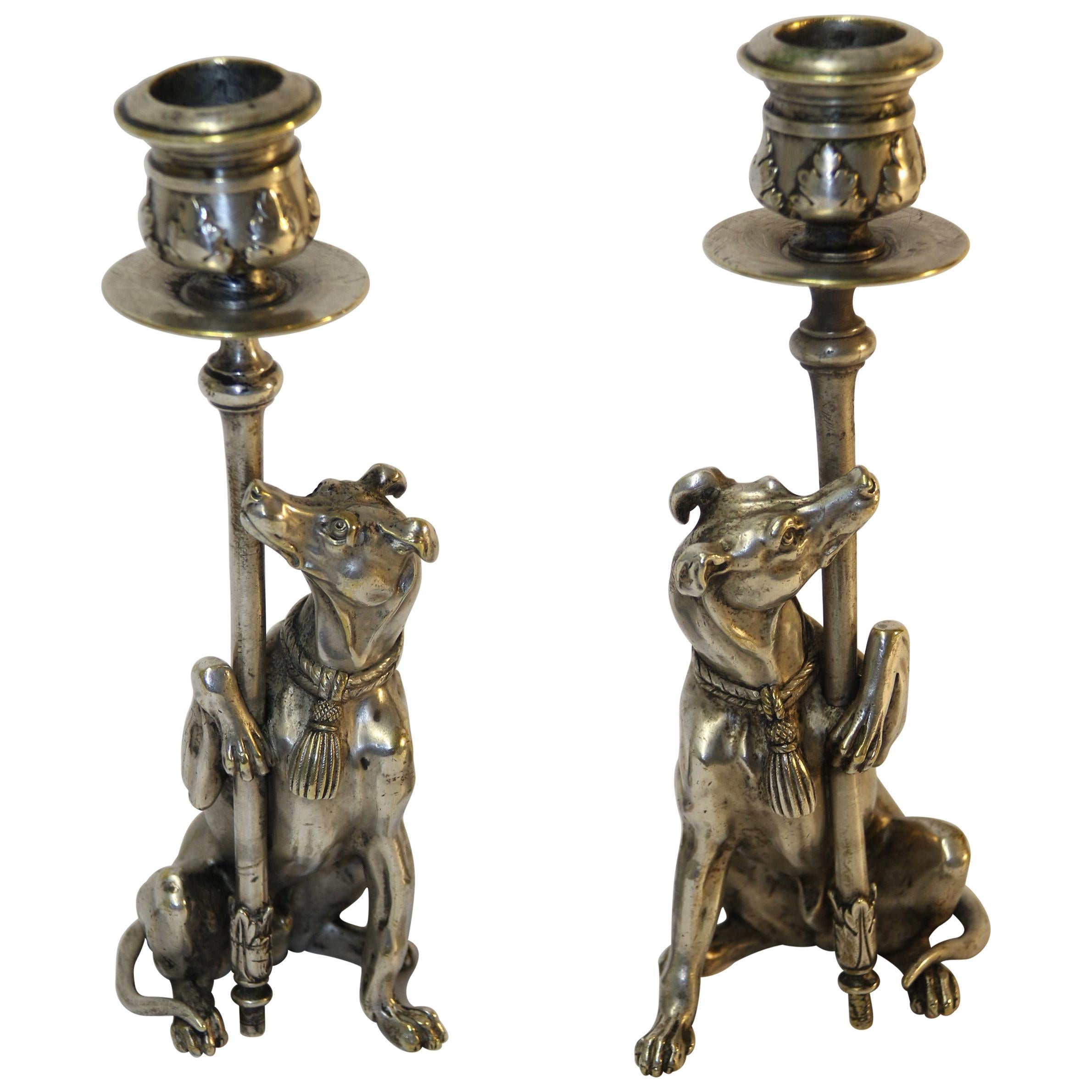19th Century Cast Silvered Bronze Pair of English Seated Greyhound ...