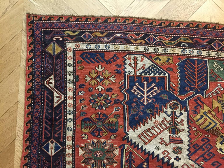 19th Century Caucasian Dragon Sumak Rug Hand-Knotted in Wool Red Green ...