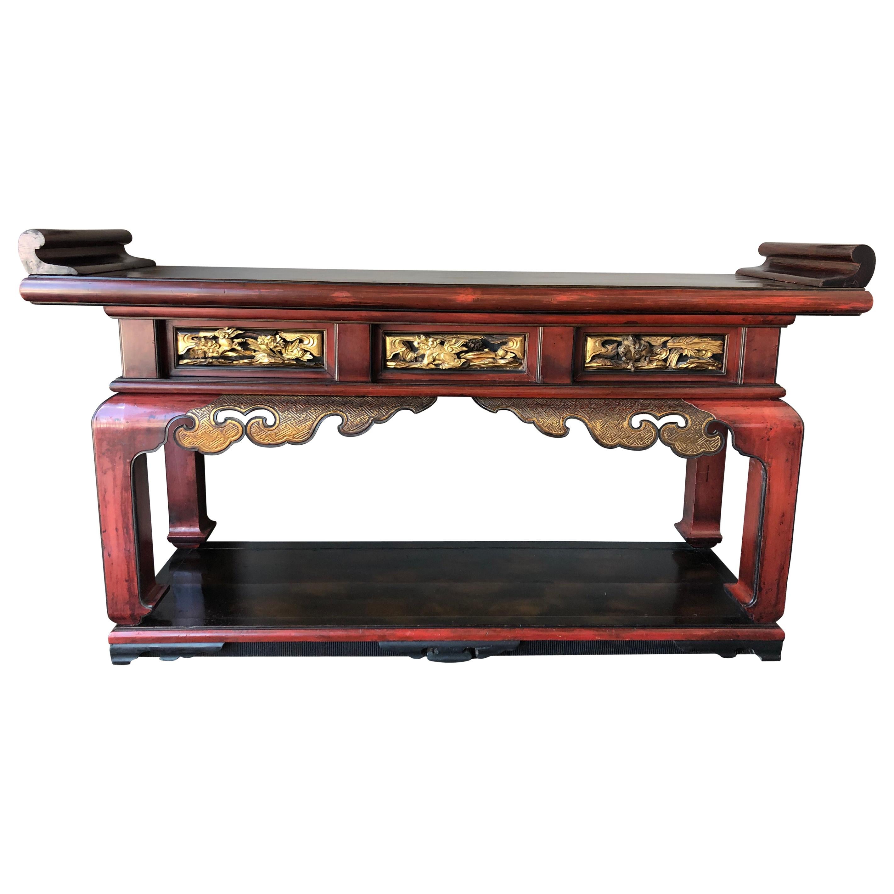 19th Century Chinese Cypress Wood Altar Table with Two Drawers at 1stDibs