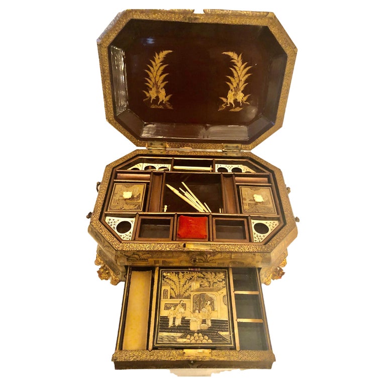 19th Century Chinese Black Lacquer Work Box For Sale at 1stDibs