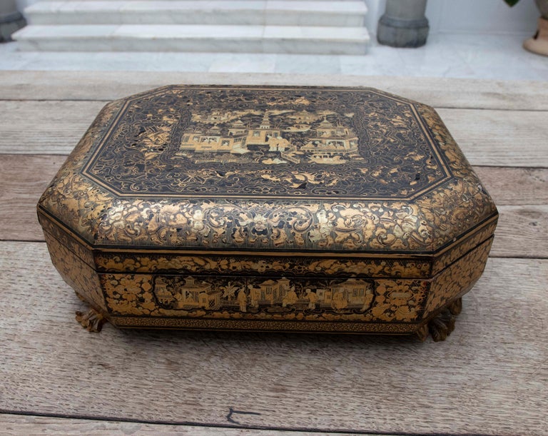 19th Century, Chinese Decorated Lacquered Box with Lid and Various ...
