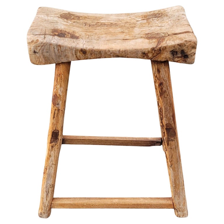 19th Century Chinese Elm Rustic Farmhouse Primitive Brutalist Stool For ...