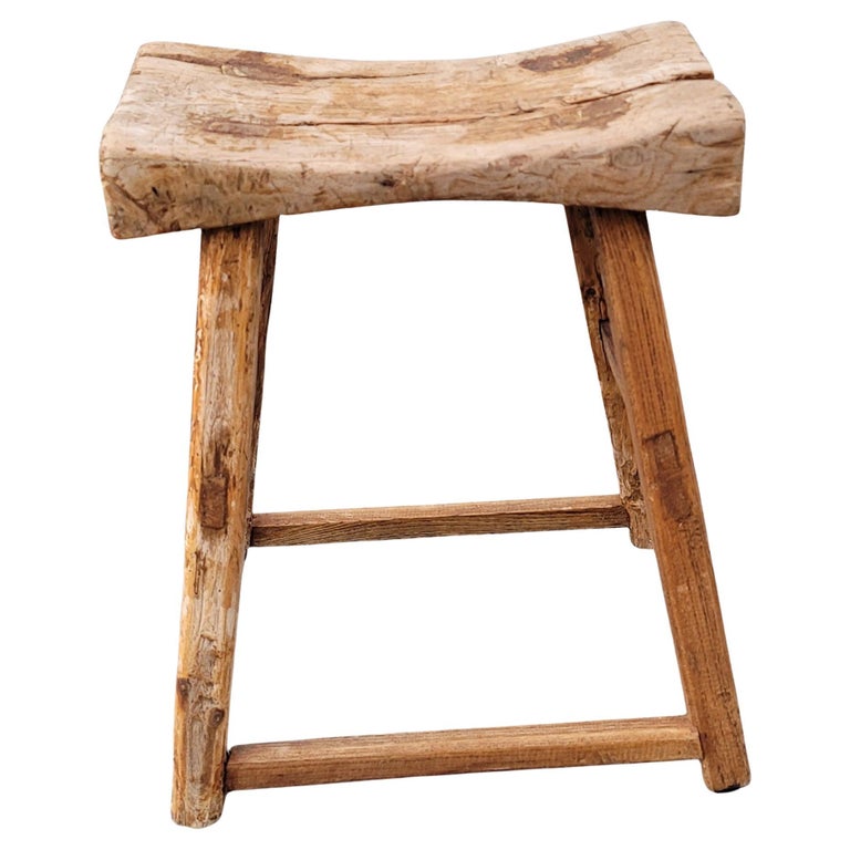 19th Century Chinese Elm Rustic Farmhouse Primitive Brutalist Stool For ...