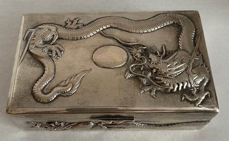 19th Century Chinese Export Silver Dragon Cigar Box For Sale at 1stDibs