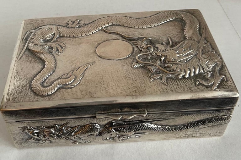 19th Century Chinese Export Silver Dragon Cigar Box For Sale at 1stDibs