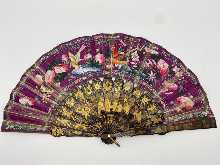 19th Century Chinese Gilt Lacquer Fan with Landscape 100 Faces at 1stDibs