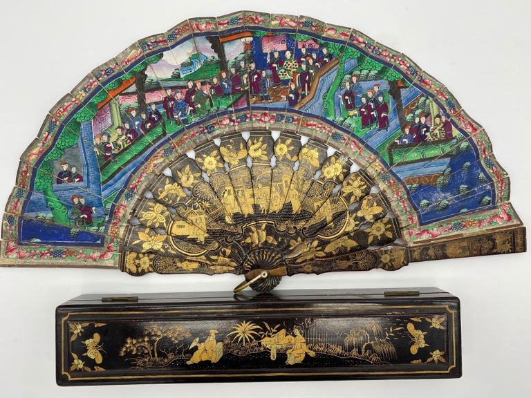 19th Century Chinese Gilt Lacquer Fan with Landscape 100 Faces at 1stDibs