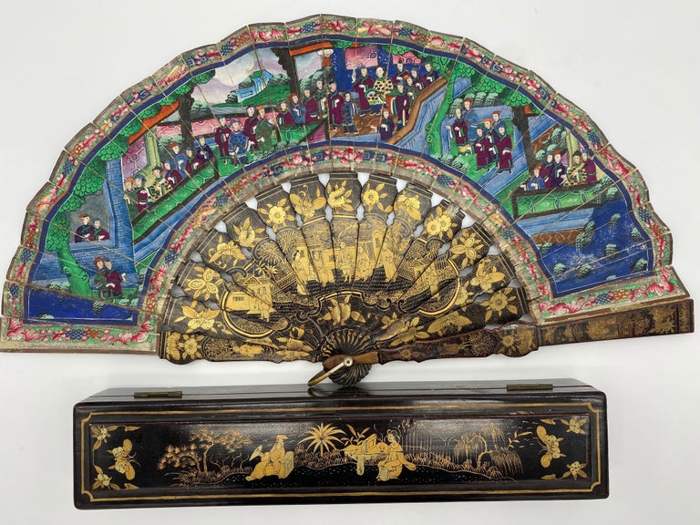 19th Century Chinese Gilt Lacquer Fan with Landscape 100 Faces at 1stDibs