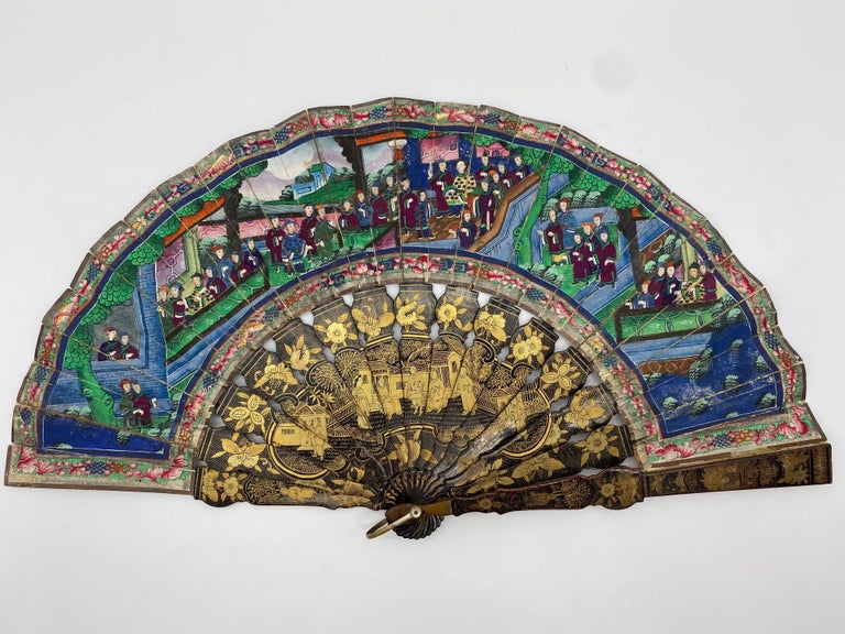 19th Century Chinese Gilt Lacquer Fan with Landscape 100 Faces at 1stDibs