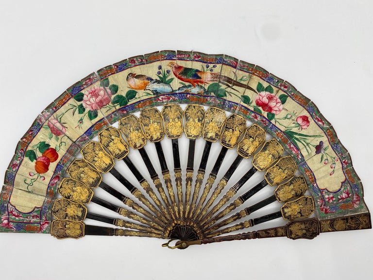 19th Century Chinese Gilt Lacquer Fan with Mother of Pearl Faces and ...